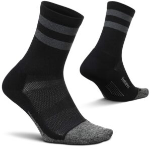 feetures elite light cushion mini crew sock - sport sock with targeted compression - x-large, new black high top stripe (1 pair)