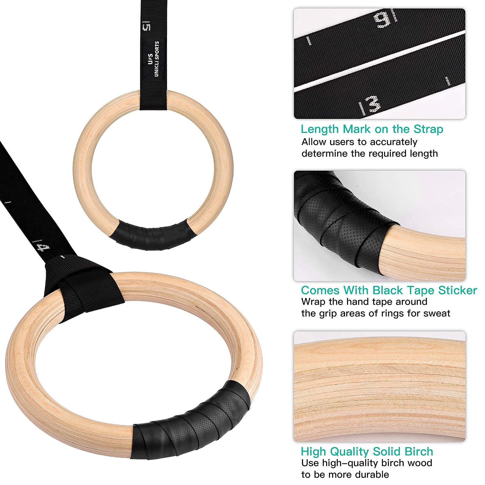 UNICLI Sports Gymnastic Rings with Adjustable Straps - 1.2inch 1500lbs Wooden Olympic Rings - 16.5ft Numbered Straps - Home Gym Full Body Workout