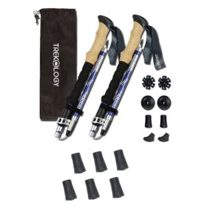 trekology trek-z (blue 115-135cm) trekking hiking poles / 6 pc replacement rubber tips - collapsible folding walking sticks,adjustable quick flip-lock, foldable trekking poles for hiking.