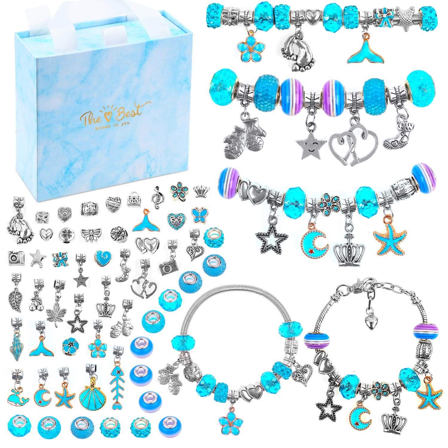 Charm Bracelets Kit for Girls, Flasoo 66 Pcs Jewelry Making Kit with Bracelet Beads, Jewelry Charms, Bracelets for Jewelry Making and DIY Crafts with Blue Gift Box