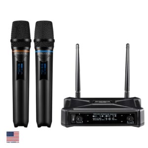 arisen wireless microphone system, professional karaoke microphone uhf dual channel handheld microphone, 200ft range receiver and 2 handheld mic set, cordless mic systems for, church, wedding, dj