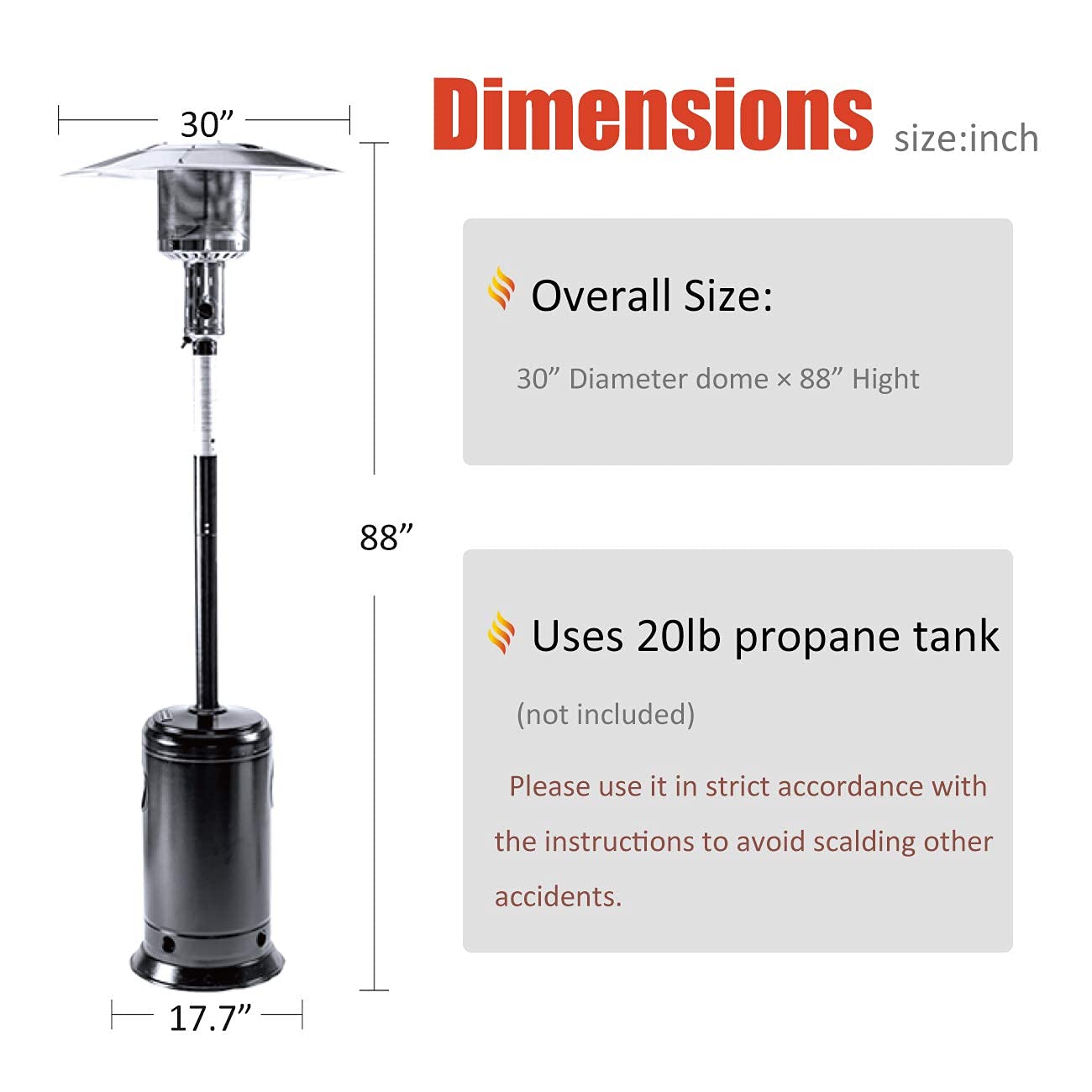 47000 BTU Outdoor Propane Patio Heater, Stainless Steel Burner, with Anti-tilt and Flame-out Protection System, ETL Certified, 10-foot Radius Heat Reflector, Add Warmth and Ambience to Backyard, Party