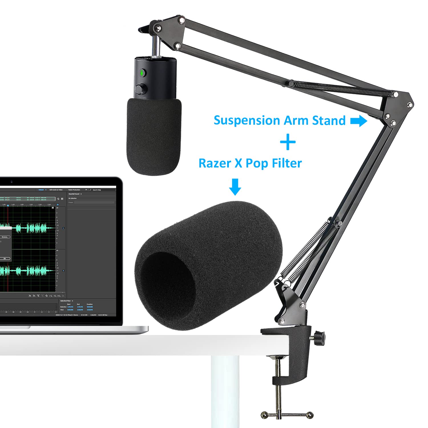 Razer Seiren X Mic Boom Arm with Foam Windscreen, Suspension Boom Scissor Arm Stand with Pop Filter Cover for Razer Seiren X USB Streaming Microphone by SUNMON