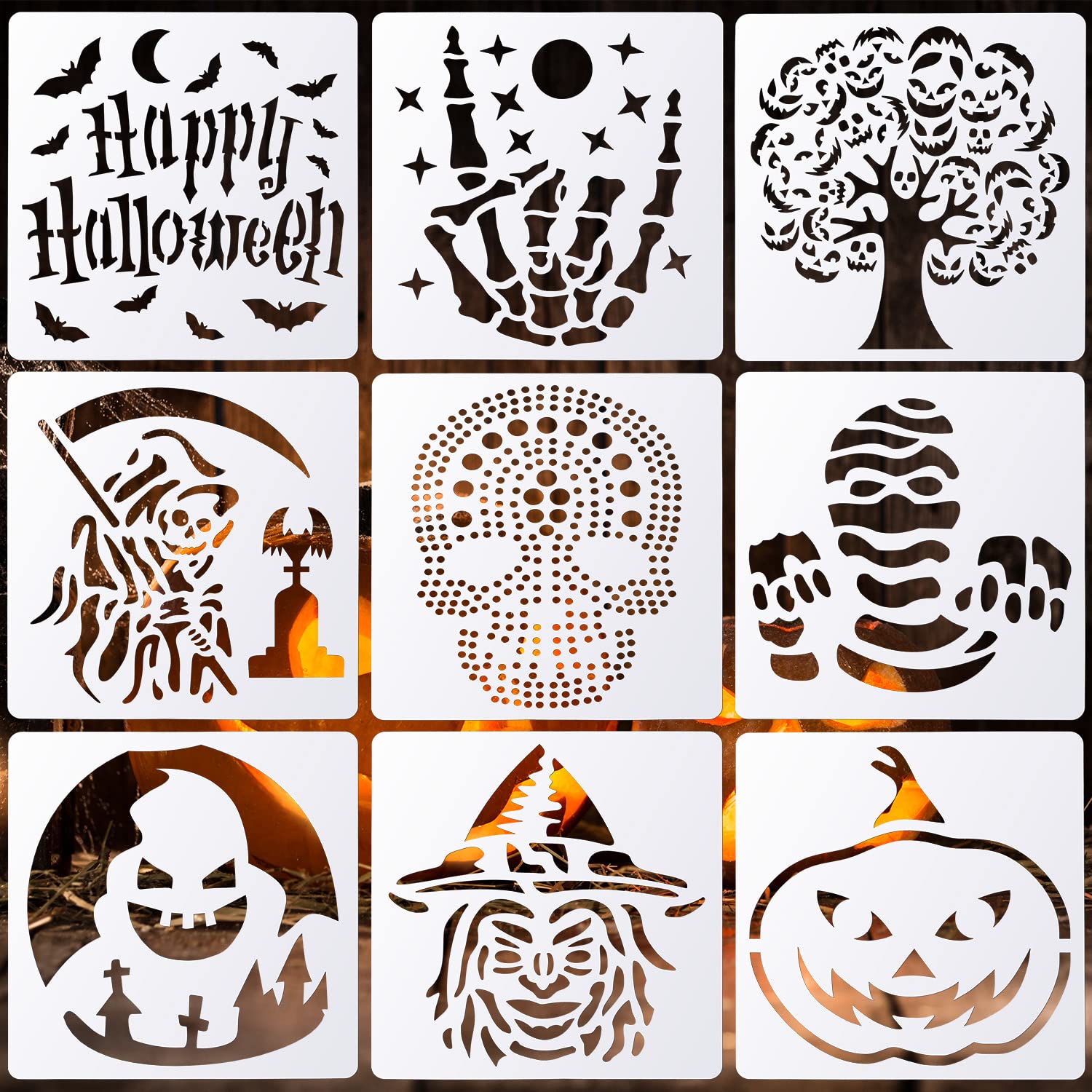 9 Pieces Halloween Stencils Template 7.9 x 7.9 Inch Large Halloween Pumpkins Painting Stencils Reusable Witch Skeleton Template for DIY Cards Drawing on Wood Paper Wall Crafts