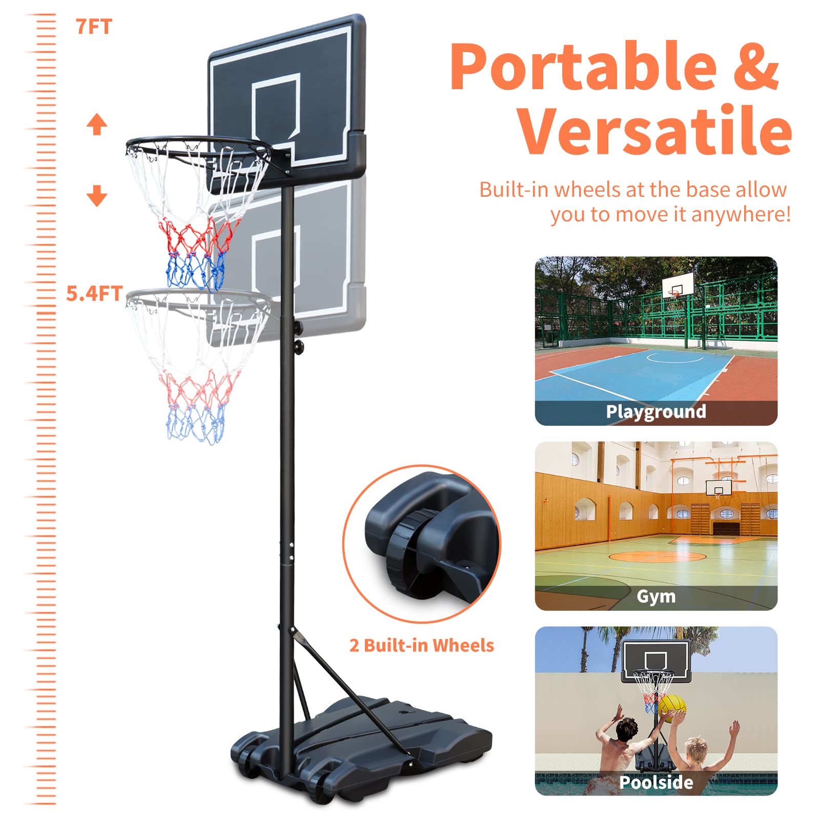 aokung Portable Adjustable Height 5.4ft - 7ft Basketball Hoop Backboard Stand and Rim for Kids Youth w/Wheels Basketball Goal Game Play Set Indoor/Outdoor