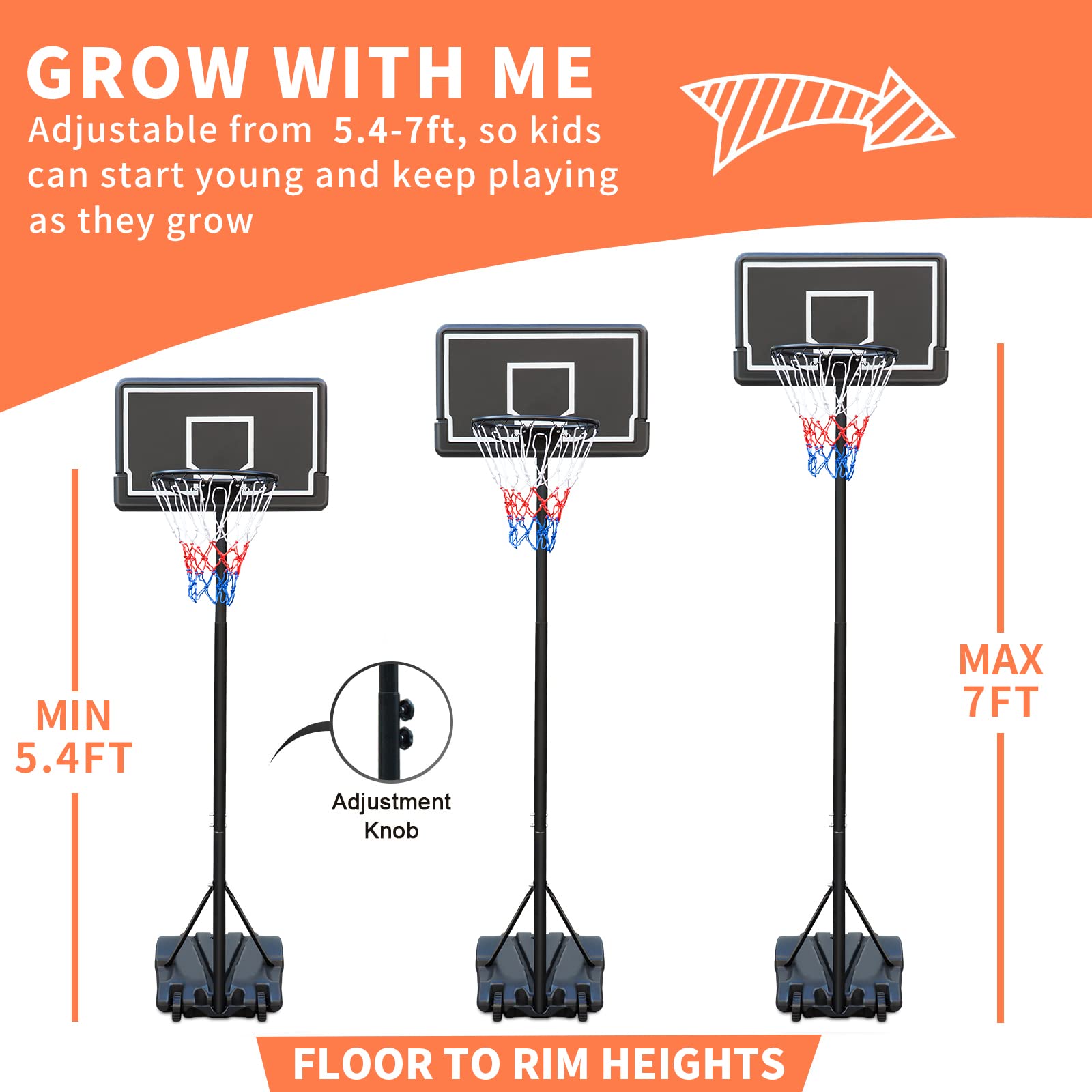 aokung Portable Adjustable Height 5.4ft - 7ft Basketball Hoop Backboard Stand and Rim for Kids Youth w/Wheels Basketball Goal Game Play Set Indoor/Outdoor