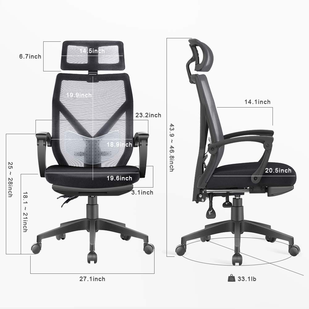 Dripex Ergonomic Office Chair Mesh Computer Desk Chairs with Lumbar Support/Adjustable Headrest/High Back/Wheels Arms, Swivel Rolling Chair for Home Office