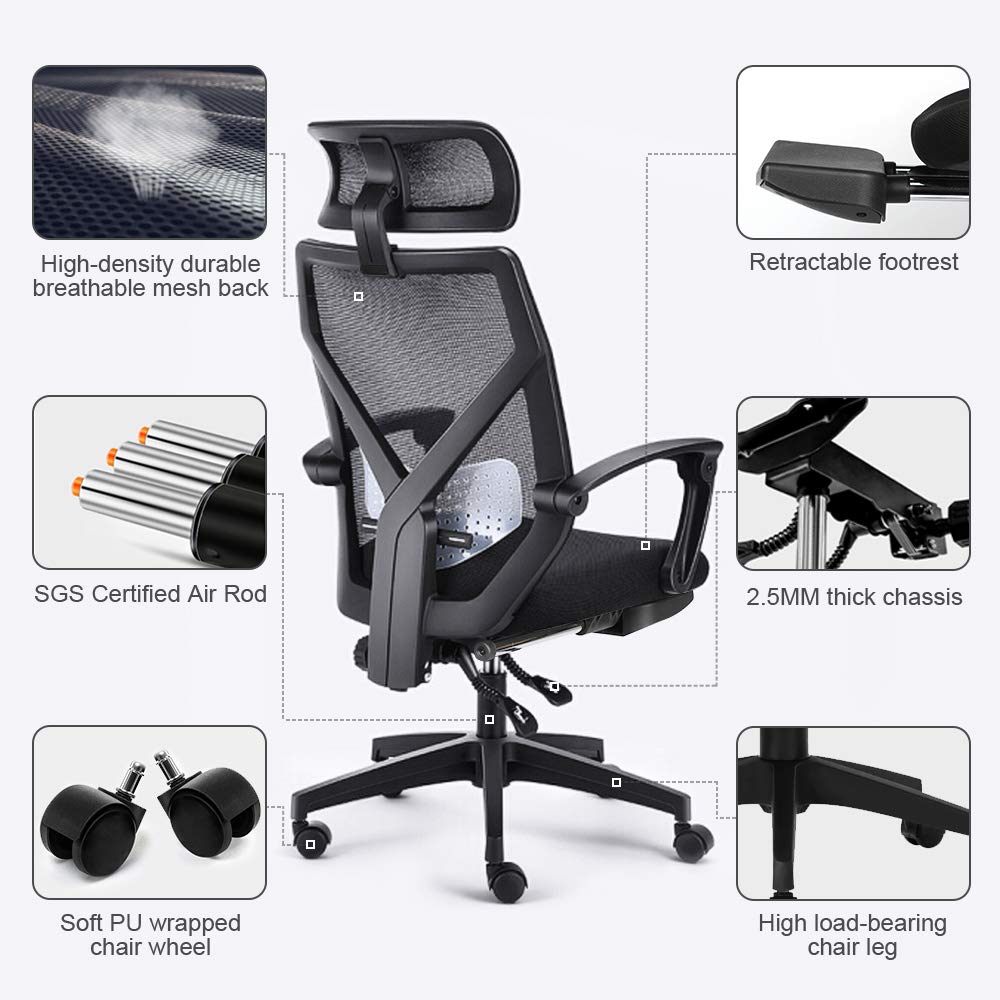 Dripex Ergonomic Office Chair Mesh Computer Desk Chairs with Lumbar Support/Adjustable Headrest/High Back/Wheels Arms, Swivel Rolling Chair for Home Office