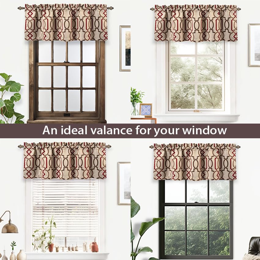 DriftAway Abigail Geometric Trellis Pattern Window Curtain Valance Rod Pocket 52 Inch by 18 Inch Red