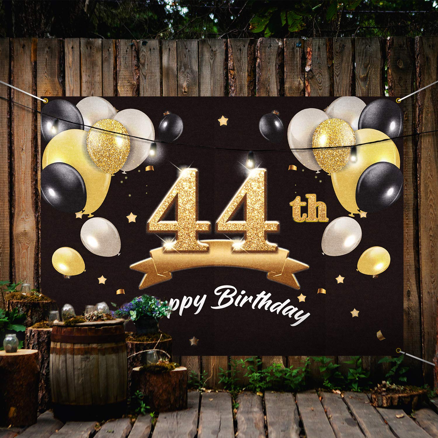 PAKBOOM Happy 44th Birthday Banner Backdrop - 44 Birthday Party Decorations Supplies for Men - Black Gold 4 x 6ft