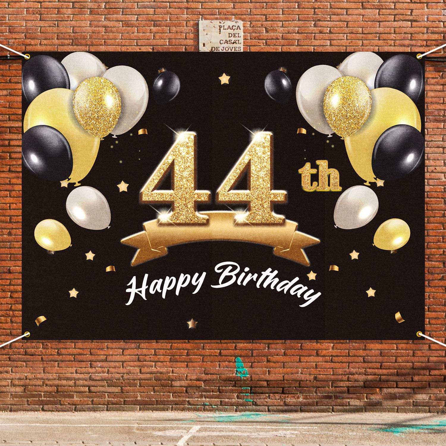 PAKBOOM Happy 44th Birthday Banner Backdrop - 44 Birthday Party Decorations Supplies for Men - Black Gold 4 x 6ft