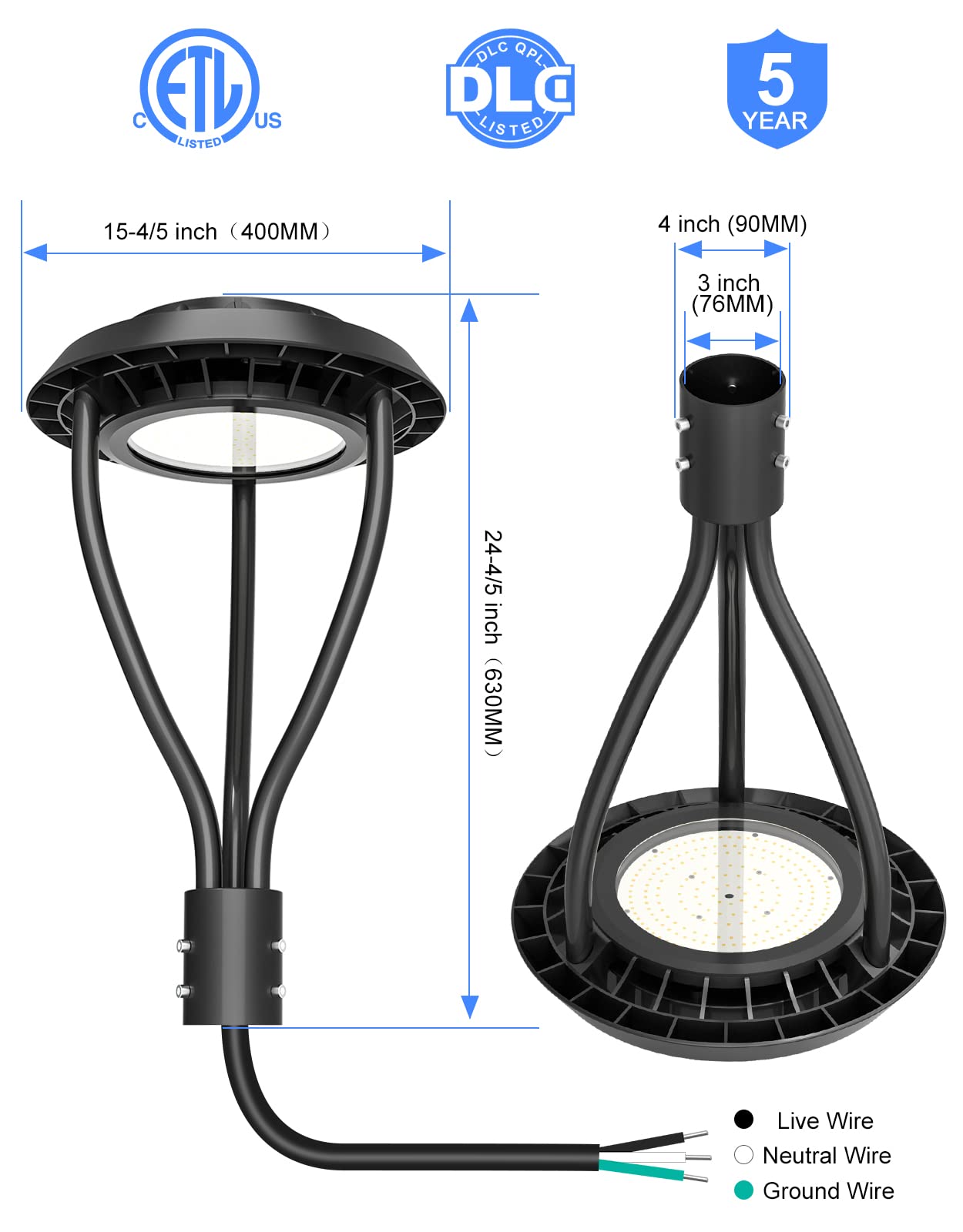 60W LED Post Top Light with Photocell ETL&DLC Listed 8400Lm Adjustable CCT 3000K/4000K/5000K LED Pole Top Light IP65 Waterproof for Outdoor Commercial Pole Light Fixture AC100-277V