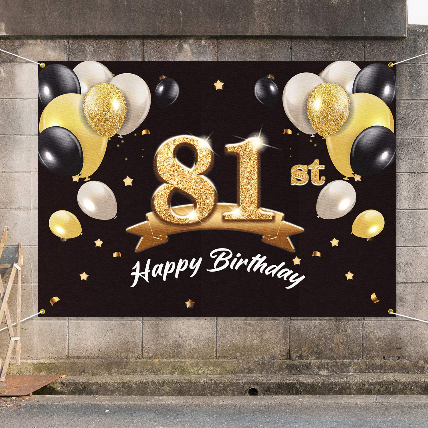 PAKBOOM Happy 81st Birthday Banner Backdrop - 81 Birthday Party Decorations Supplies for Men - Black Gold 4 x 6ft