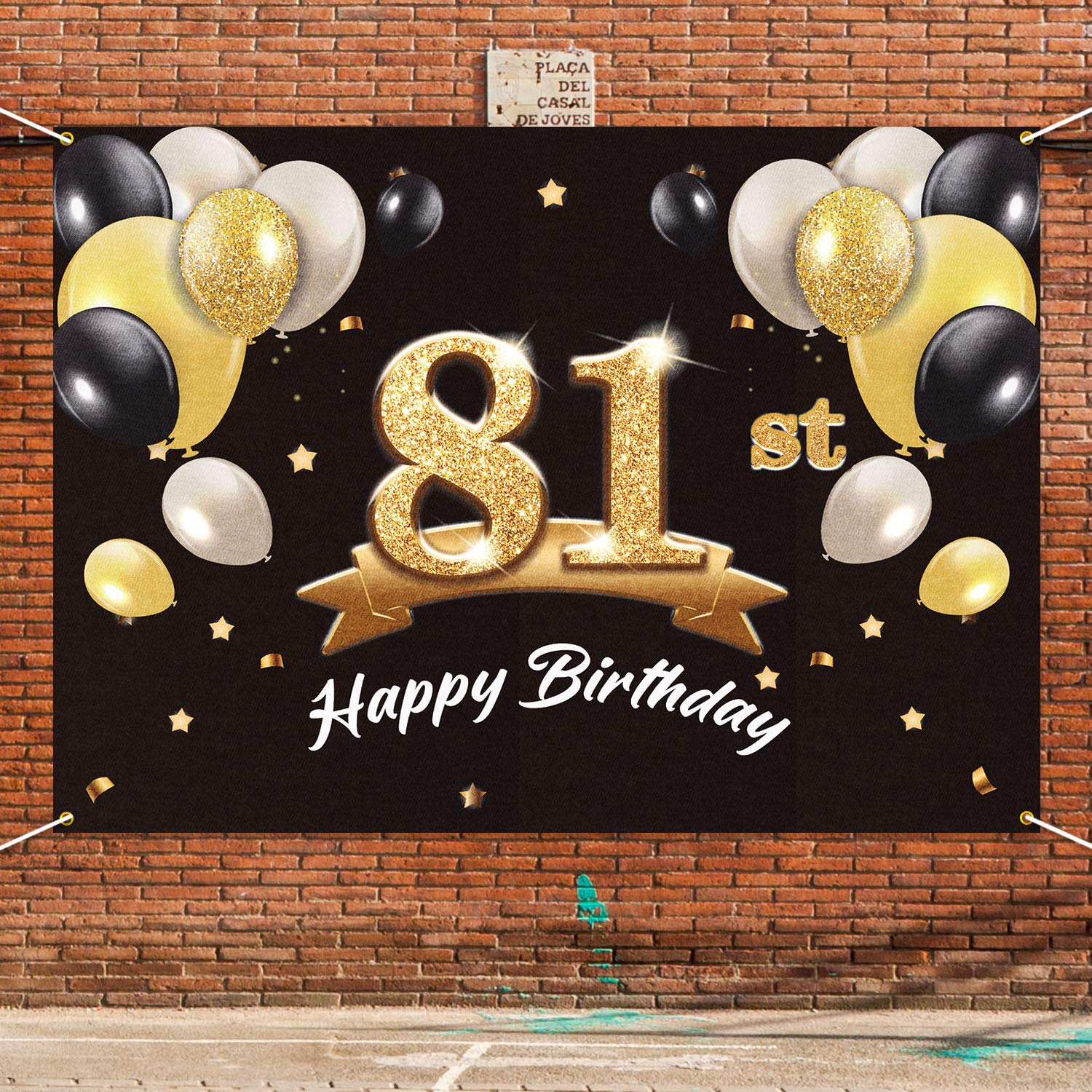 PAKBOOM Happy 81st Birthday Banner Backdrop - 81 Birthday Party Decorations Supplies for Men - Black Gold 4 x 6ft