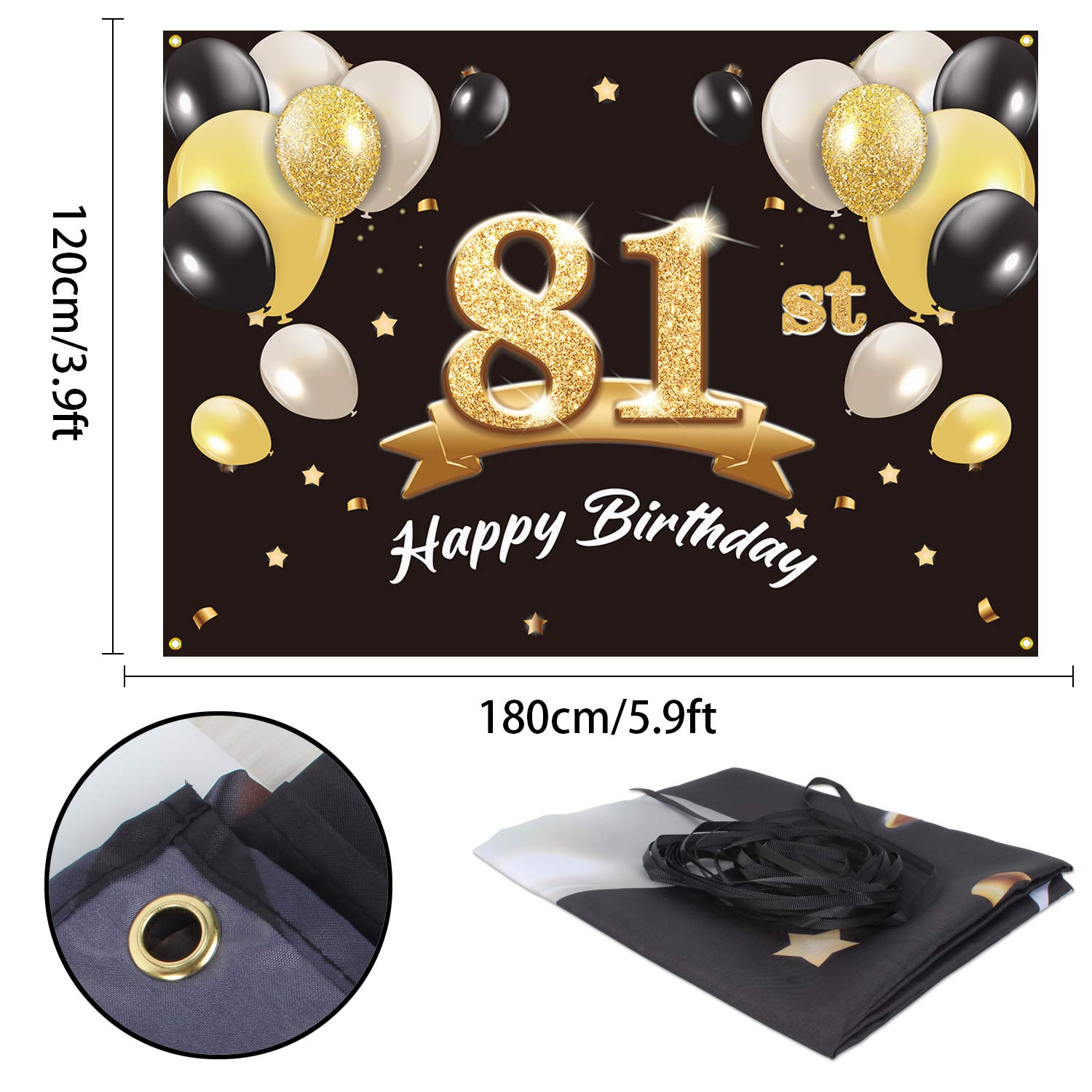 PAKBOOM Happy 81st Birthday Banner Backdrop - 81 Birthday Party Decorations Supplies for Men - Black Gold 4 x 6ft