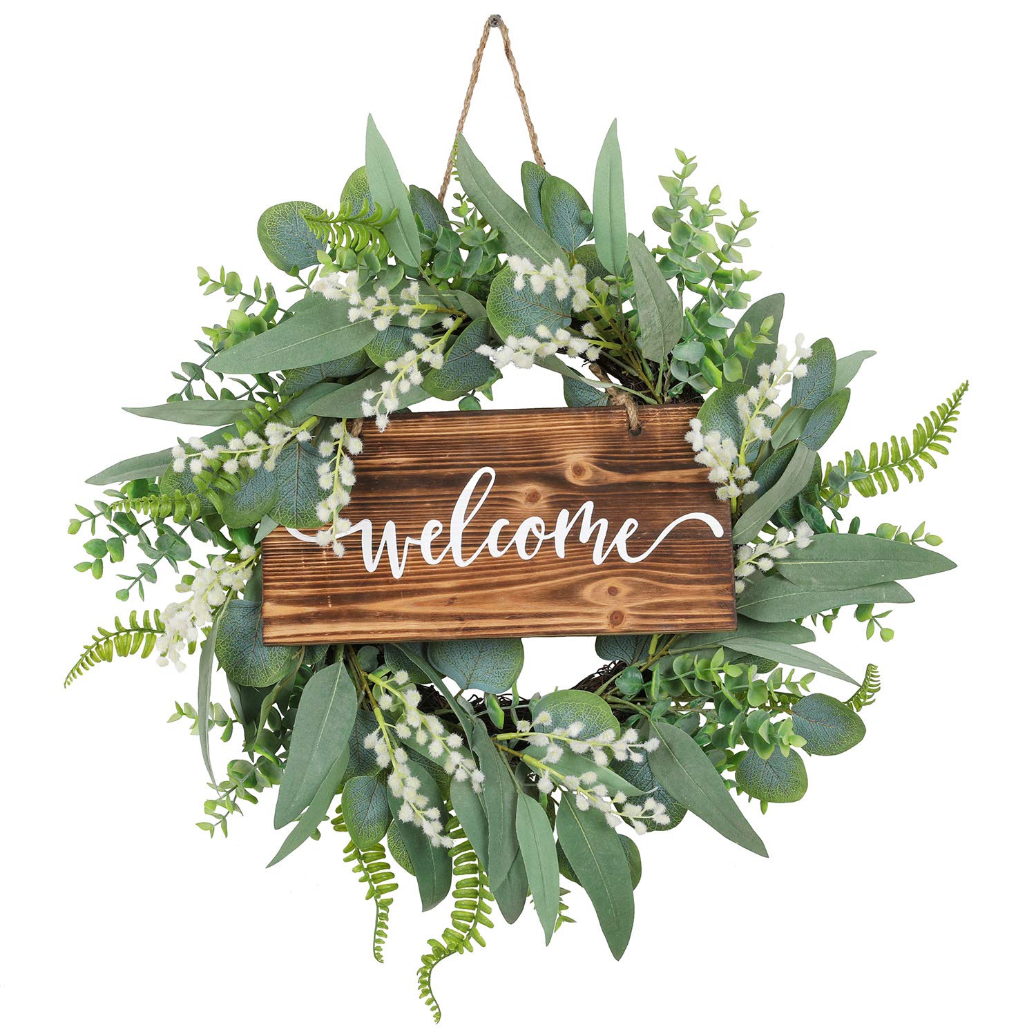 20 Inch Green Eucalyptus Wreath for Front Door- Handicraft Bamboo Frame with Versatile Silk Leaves - Ideal Spring & Summer Decorating for Indoor & Outdoor Use (White)