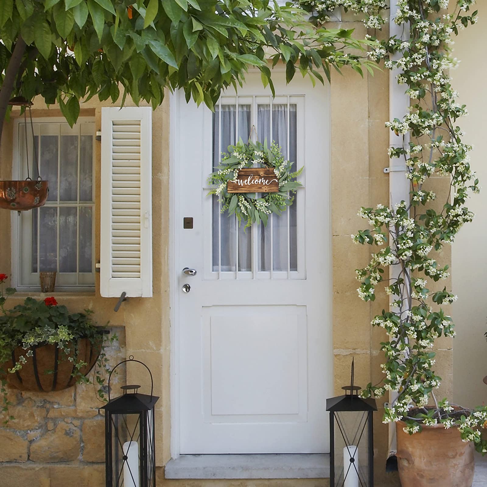 20 Inch Green Eucalyptus Wreath for Front Door- Handicraft Bamboo Frame with Versatile Silk Leaves - Ideal Spring & Summer Decorating for Indoor & Outdoor Use (White)