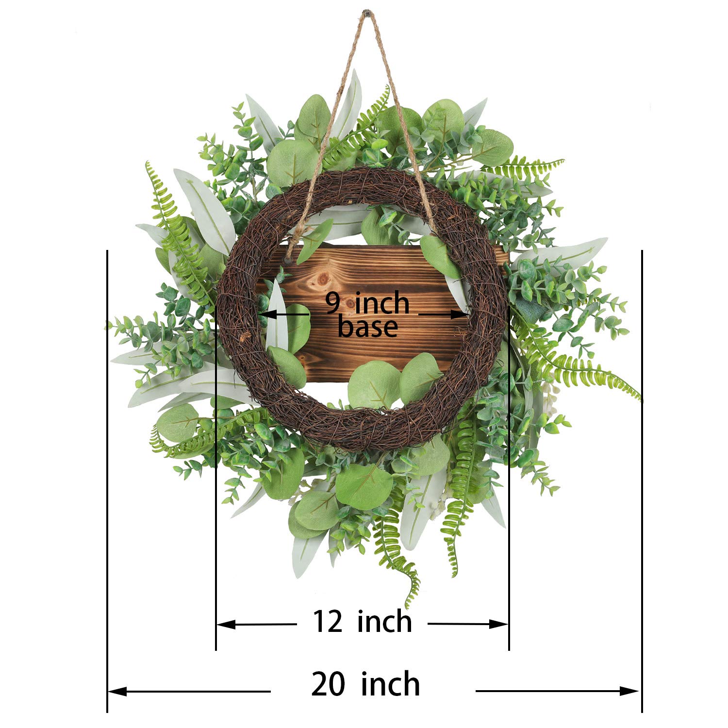 20 Inch Green Eucalyptus Wreath for Front Door- Handicraft Bamboo Frame with Versatile Silk Leaves - Ideal Spring & Summer Decorating for Indoor & Outdoor Use (White)