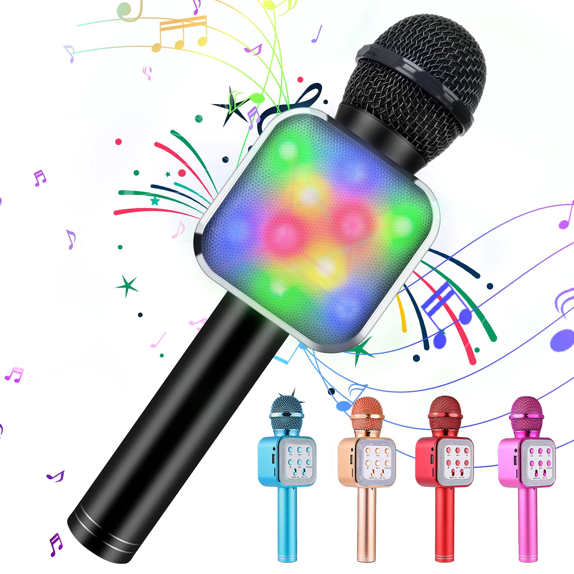 KIDWILL Wireless Bluetooth Karaoke Microphone for Kids, 5-in-1 Portable Handheld Karaoke Mic Speaker Player Recorder with LED Lights for Kids Girls Boys Teens Birthday (1818-Black)