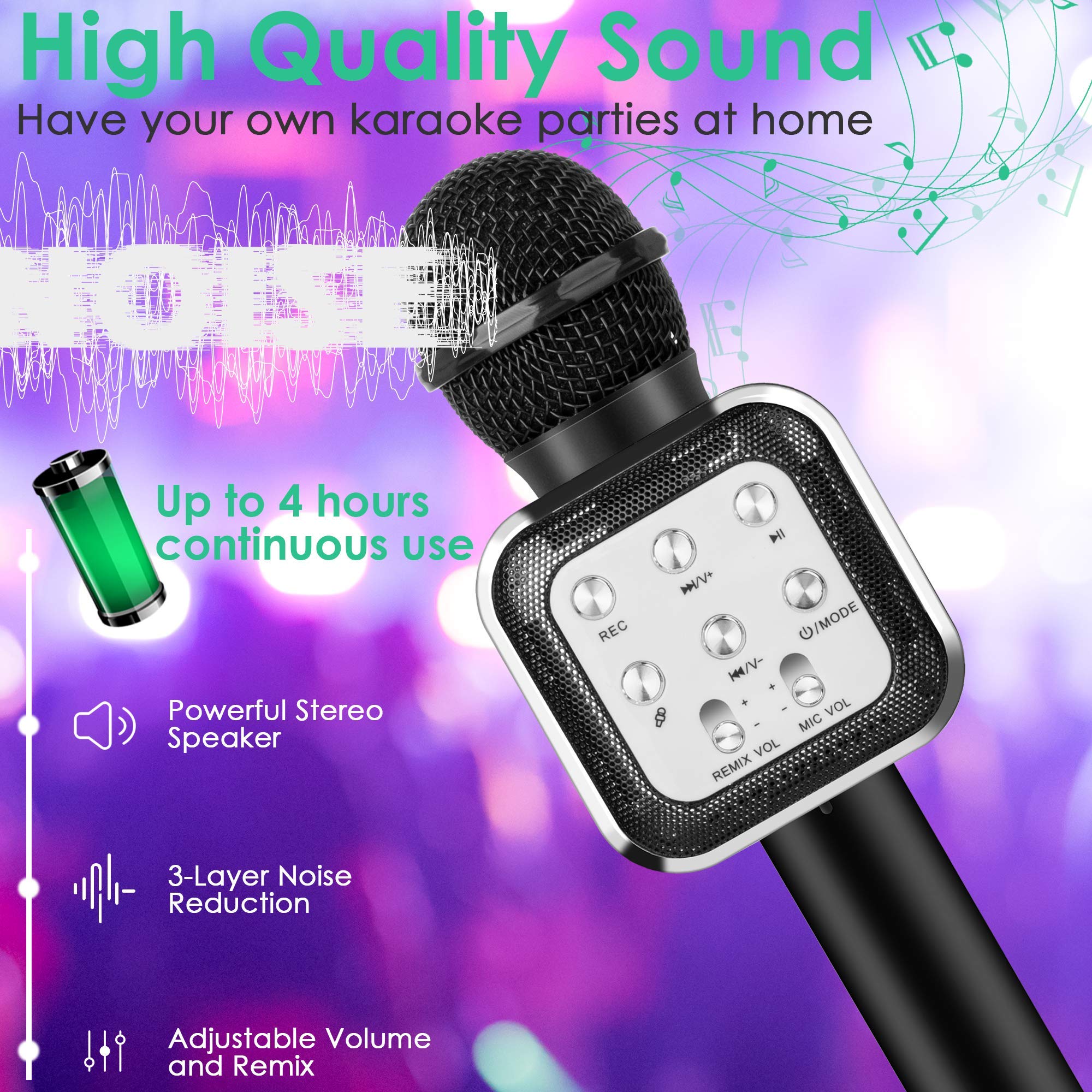 KIDWILL Wireless Bluetooth Karaoke Microphone for Kids, 5-in-1 Portable Handheld Karaoke Mic Speaker Player Recorder with LED Lights for Kids Girls Boys Teens Birthday (1818-Black)