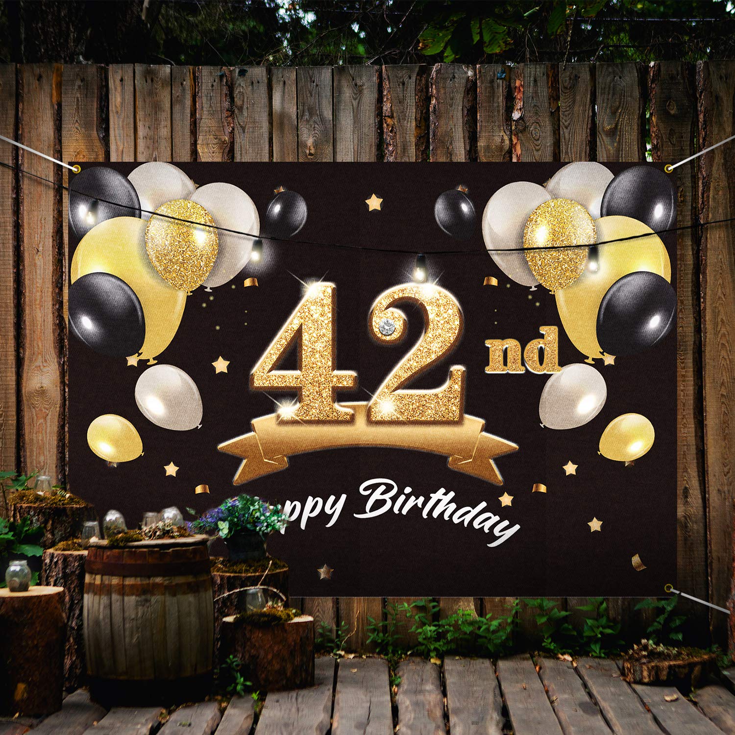 PAKBOOM Happy 42nd Birthday Banner Backdrop - 42 Birthday Party Decorations Supplies for Men - Black Gold 4 x 6ft