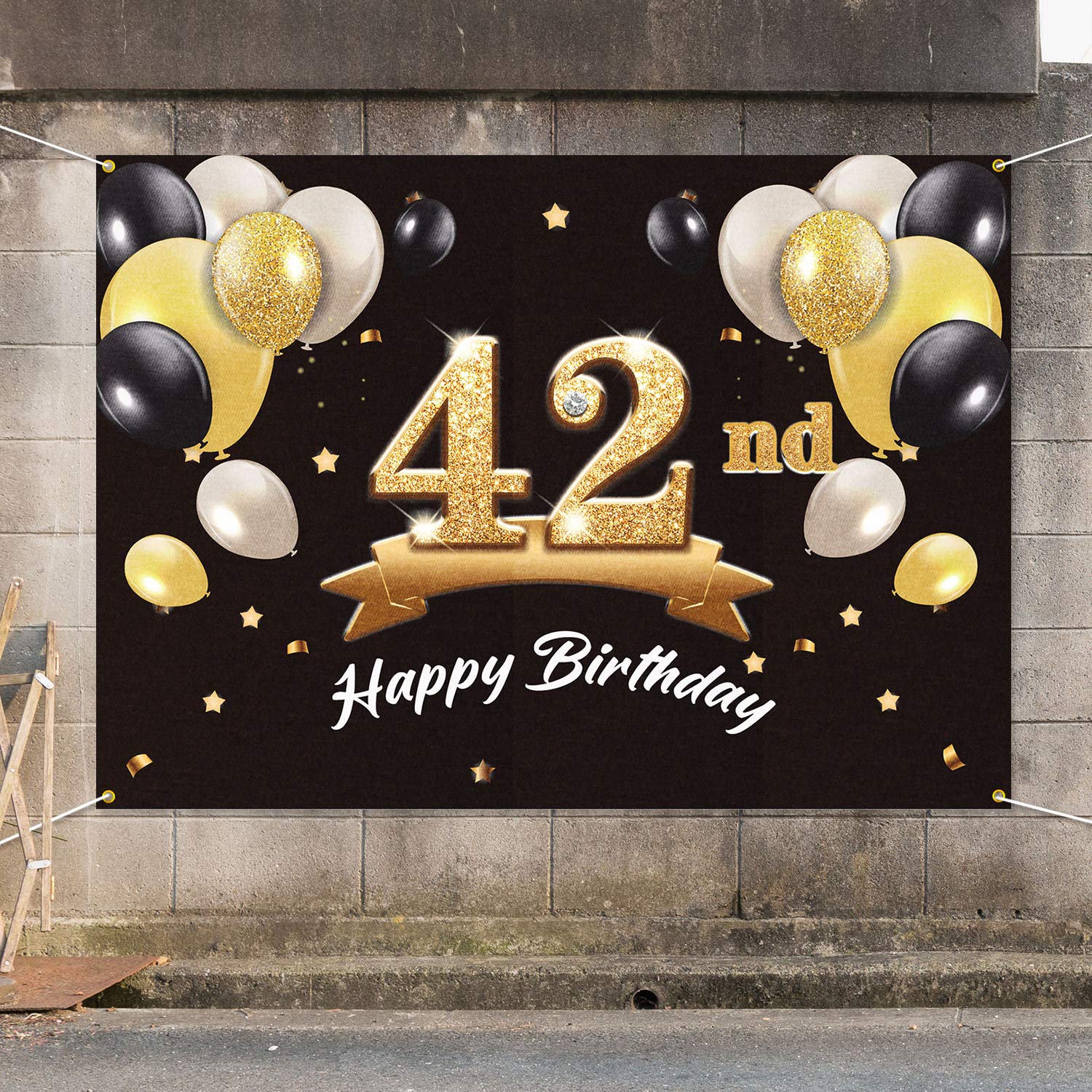 PAKBOOM Happy 42nd Birthday Banner Backdrop - 42 Birthday Party Decorations Supplies for Men - Black Gold 4 x 6ft