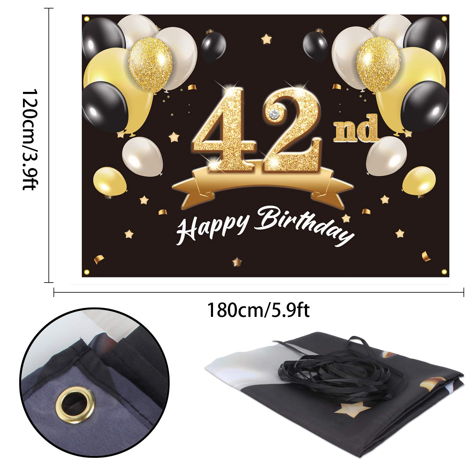 PAKBOOM Happy 42nd Birthday Banner Backdrop - 42 Birthday Party Decorations Supplies for Men - Black Gold 4 x 6ft