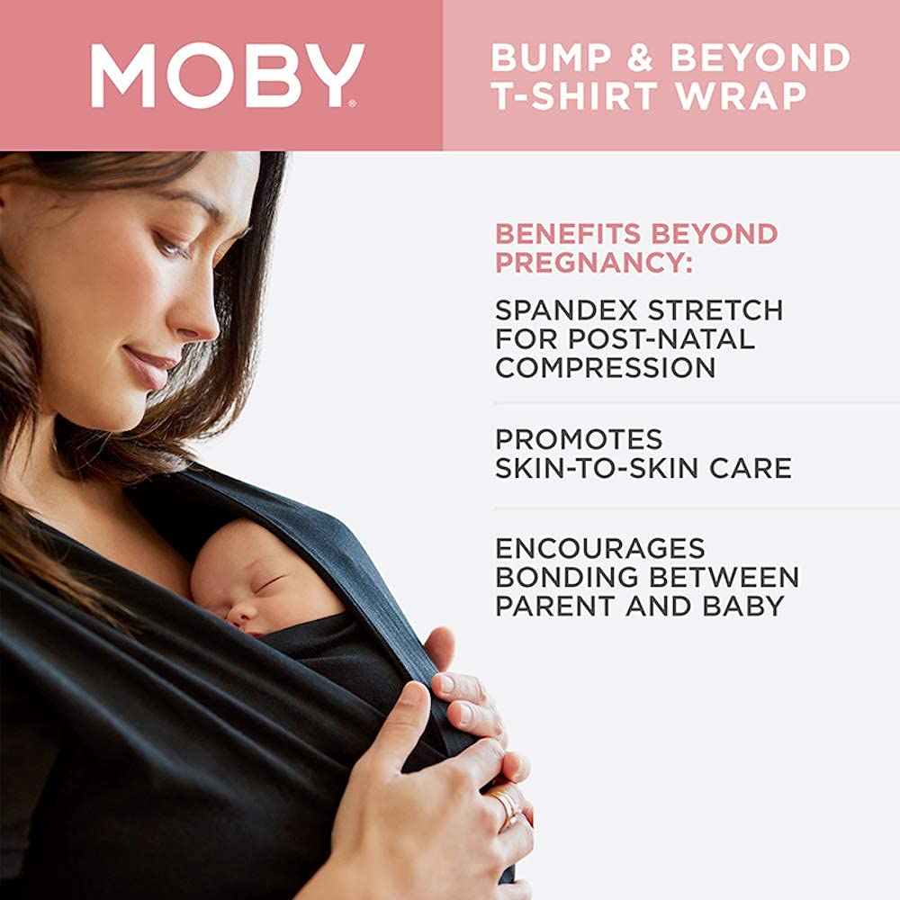 Moby Bump & Beyond T-Shirt Wrap | Black – Size 1 (Small) | Versatile Support Wrap for Pregnant Mothers | Carrier for Newborns | Comfortable & Stylish | Carries Babies up to 19.8lbs (8–12 Months)