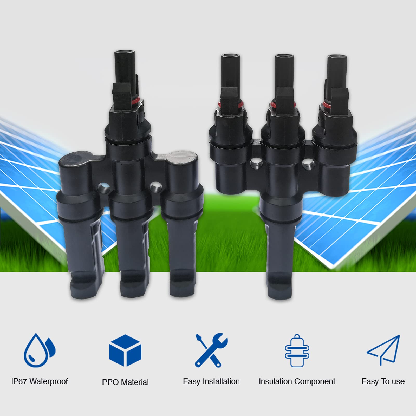 POWLAND 1 Pair T Branch Solar Panel Connectors, 3 to 1 Solar Branch Connector Solar Panel Cable Coupler Combiner Connectors MMMF + FFFM