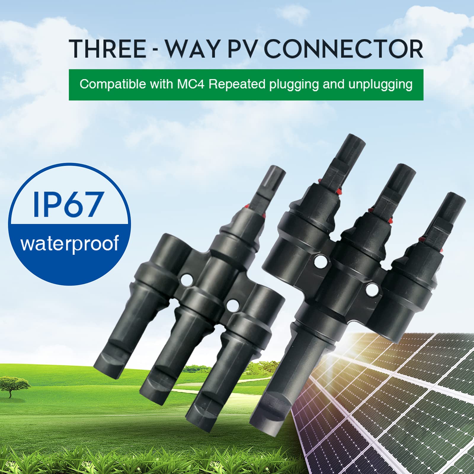 POWLAND 1 Pair T Branch Solar Panel Connectors, 3 to 1 Solar Branch Connector Solar Panel Cable Coupler Combiner Connectors MMMF + FFFM