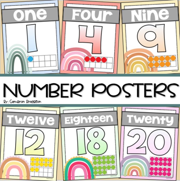 Number Posters 0-20 Ten Frames Boho Rainbow Theme