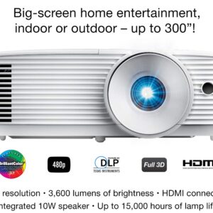 Optoma SH360 Affordable Home Projector | Indoor or Outdoor Movies, Up to 300" | 480p Ready | Bright 3600 Lumens | Compatible with Fire Stick, Roku & More | Integrated Speaker | Up to 15,000hr Lamp