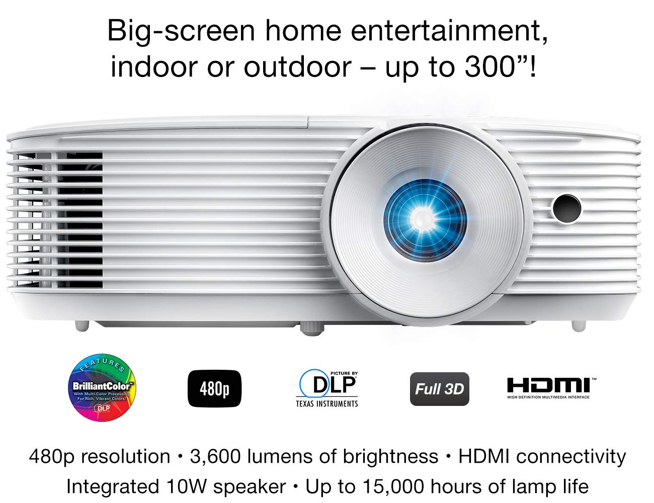 Optoma SH360 Affordable Home Projector | Indoor or Outdoor Movies, Up to 300" | 480p Ready | Bright 3600 Lumens | Compatible with Fire Stick, Roku & More | Integrated Speaker | Up to 15,000hr Lamp