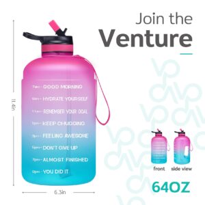 Venture Pal Half Gallon Water Bottle with 2 Lids, Large 64 oz Water Jug with Motivational Time Marker to Ensure You Drink Enough Water-White/Gray Gradient