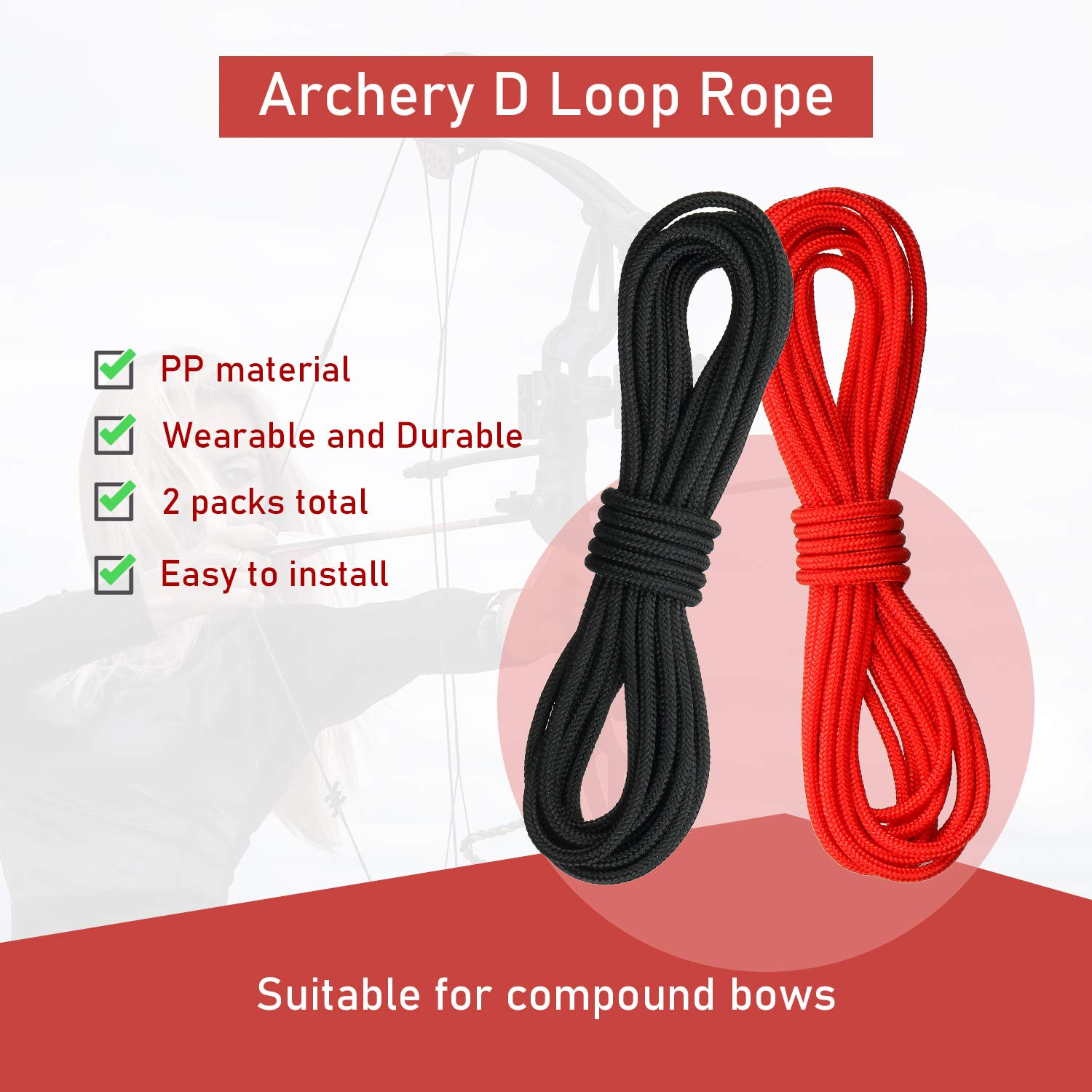 2 Pieces Archery D Loop Rope 10 Feet Archery Bowstring Serving Thread D Loop Rope Release Material Nocking D Loop Rope String (Black and Red)