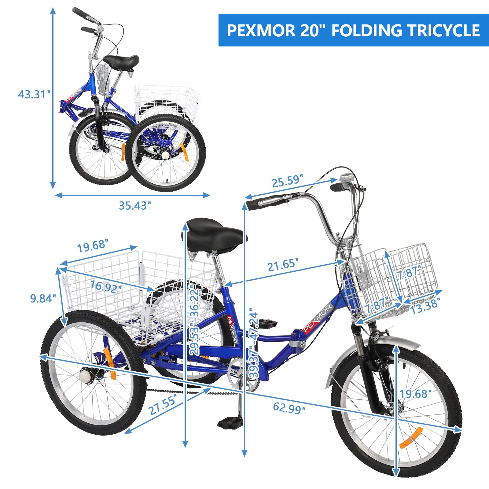 PEXMOR Adult Folding Tricycle, 20 Inch 3 Wheel Bikes Tricycle for Adults Single Speed, Foldable Adult Trike for Women/Men/Seniors, Three Wheel Cruiser Bike w/Front & Rear Basket for Shopping,Picnic