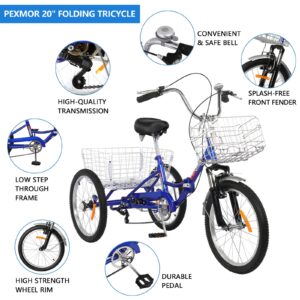 PEXMOR Adult Folding Tricycle, 20 Inch 3 Wheel Bikes Tricycle for Adults Single Speed, Foldable Adult Trike for Women/Men/Seniors, Three Wheel Cruiser Bike w/Front & Rear Basket for Shopping,Picnic