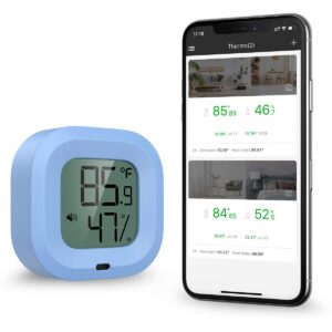 oria wireless thermometer hygrometer, mini wireless indoor temperature humidity sensor, temp humidity gauge meter with app alert free data export for home, blue