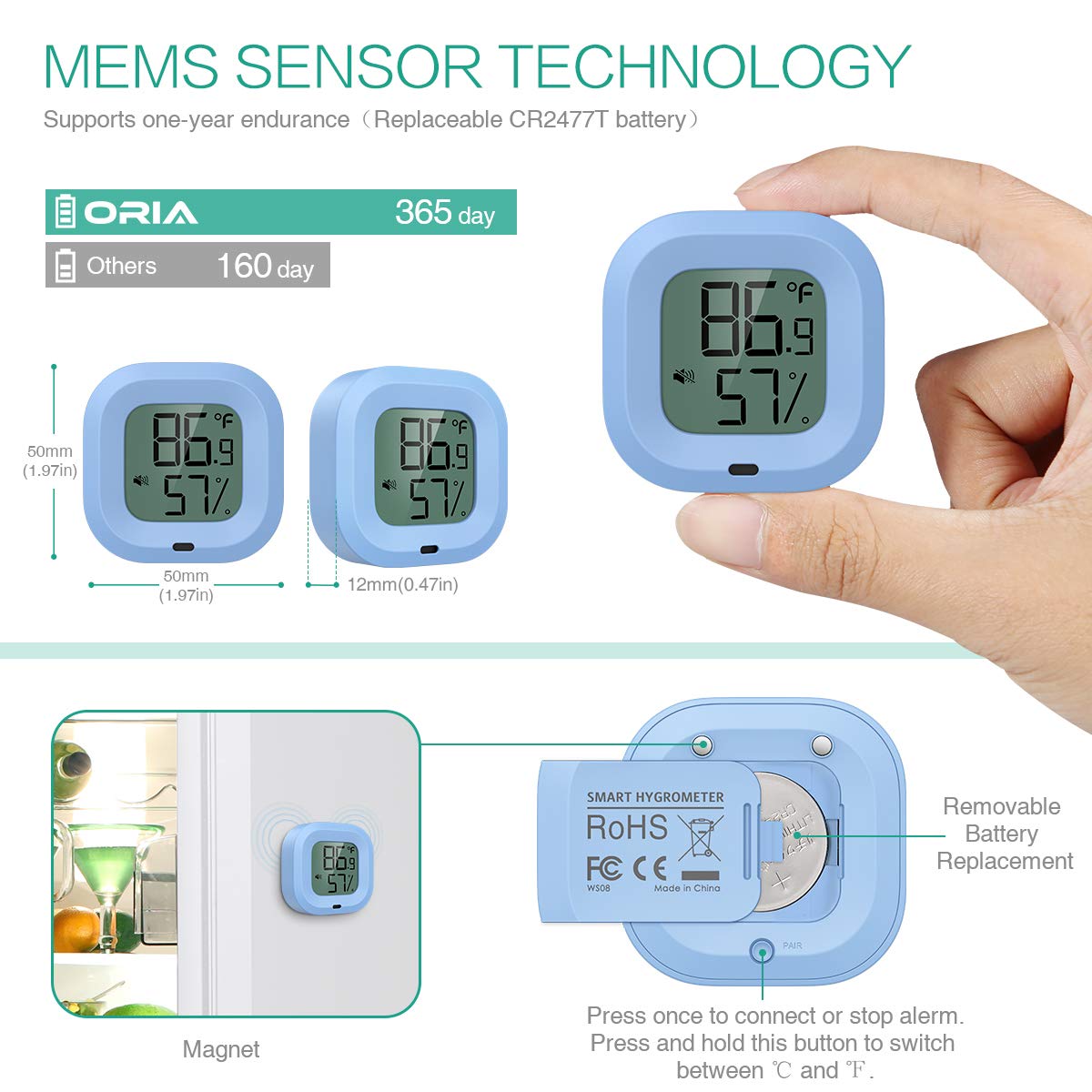 ORIA Wireless Thermometer Hygrometer, Mini Wireless Indoor Temperature Humidity Sensor, Temp Humidity Gauge Meter with APP Alert Free Data Export for Home, Blue