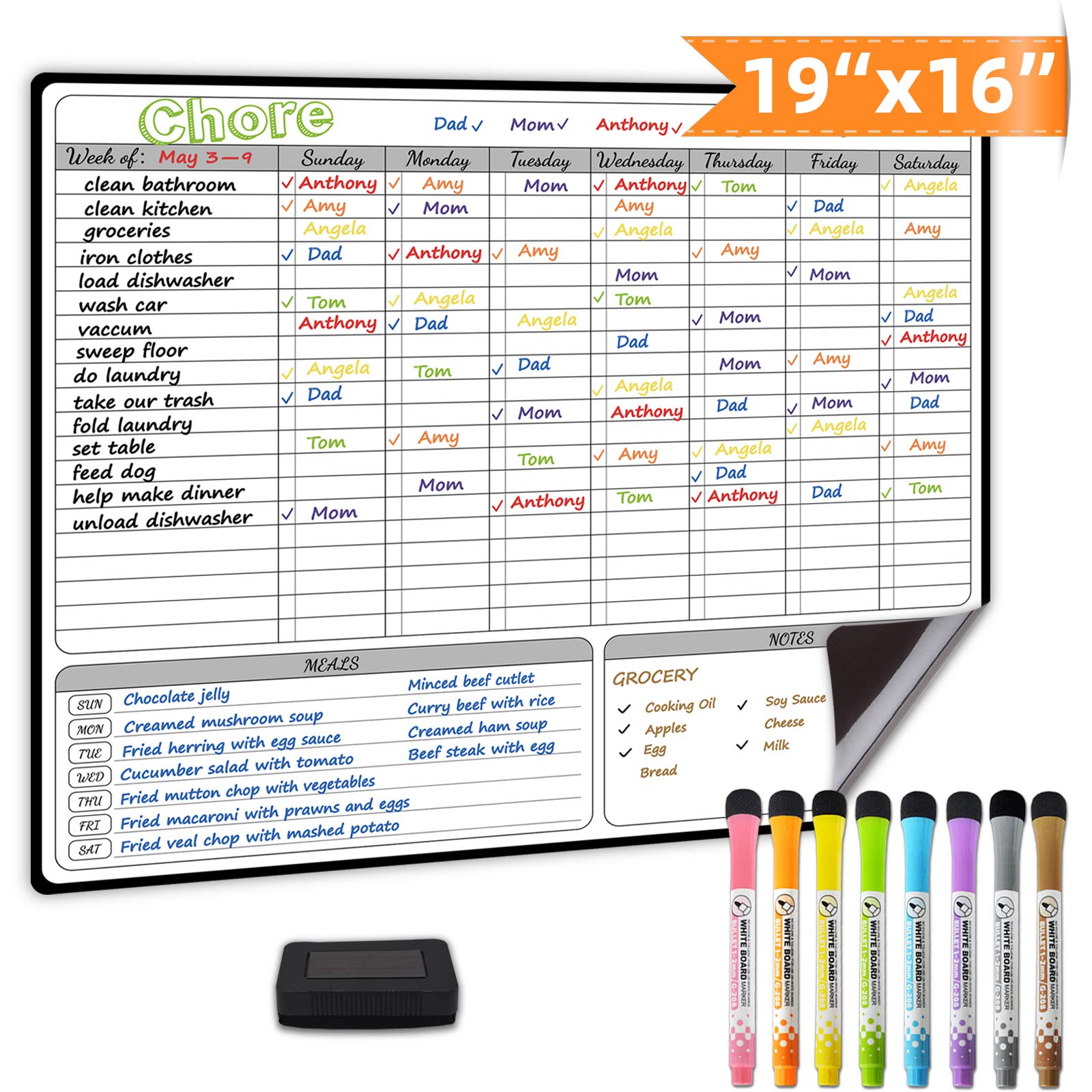 JJPRO Magnetic Dry Erase Chore Chart for Multiple Kids and Adults:Large Whiteboard16"x19"-Chore Kids,Calendar,Meal Board Notes All-in-One,Behavior Kids,Teenagers, White