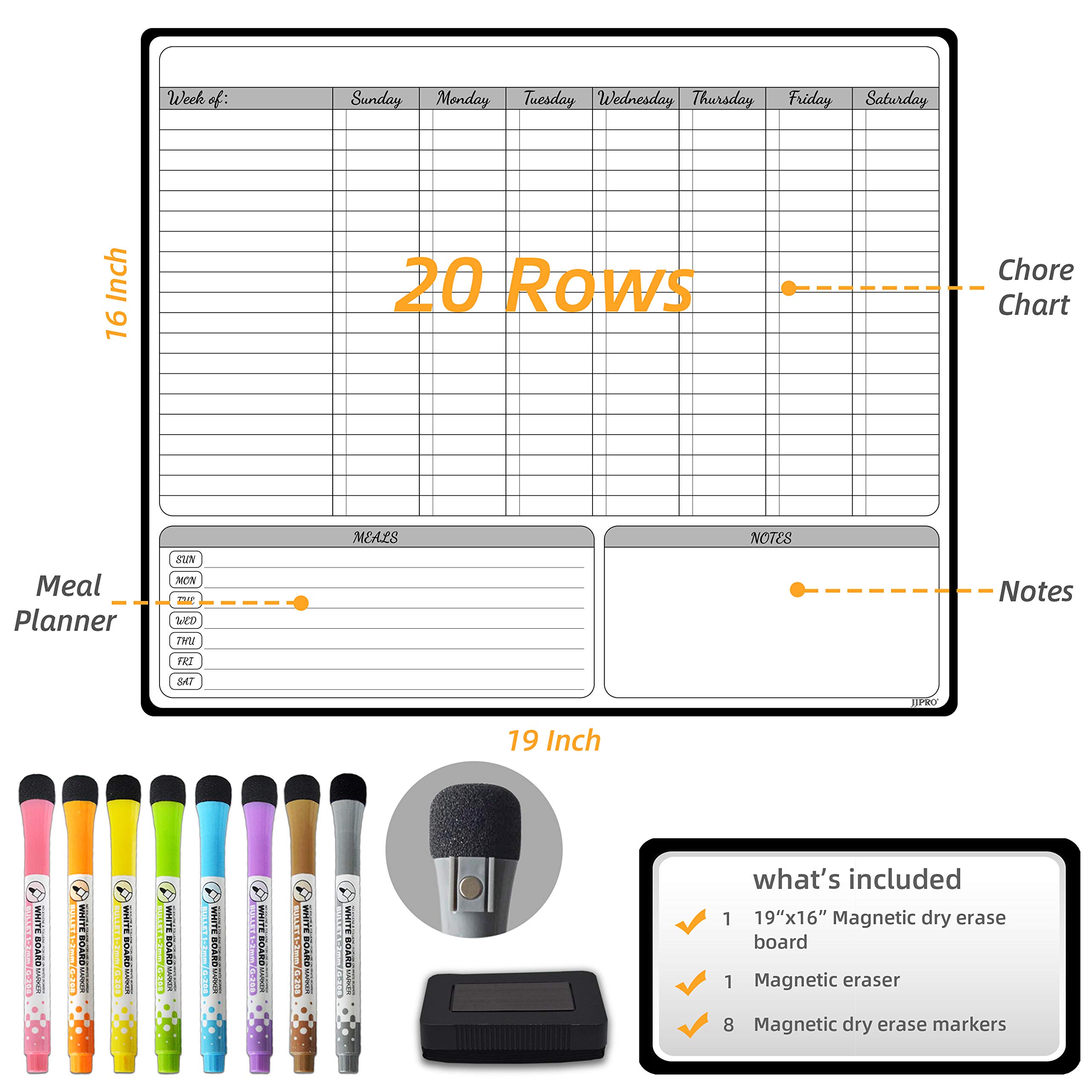 JJPRO Magnetic Dry Erase Chore Chart for Multiple Kids and Adults:Large Whiteboard16"x19"-Chore Kids,Calendar,Meal Board Notes All-in-One,Behavior Kids,Teenagers, White