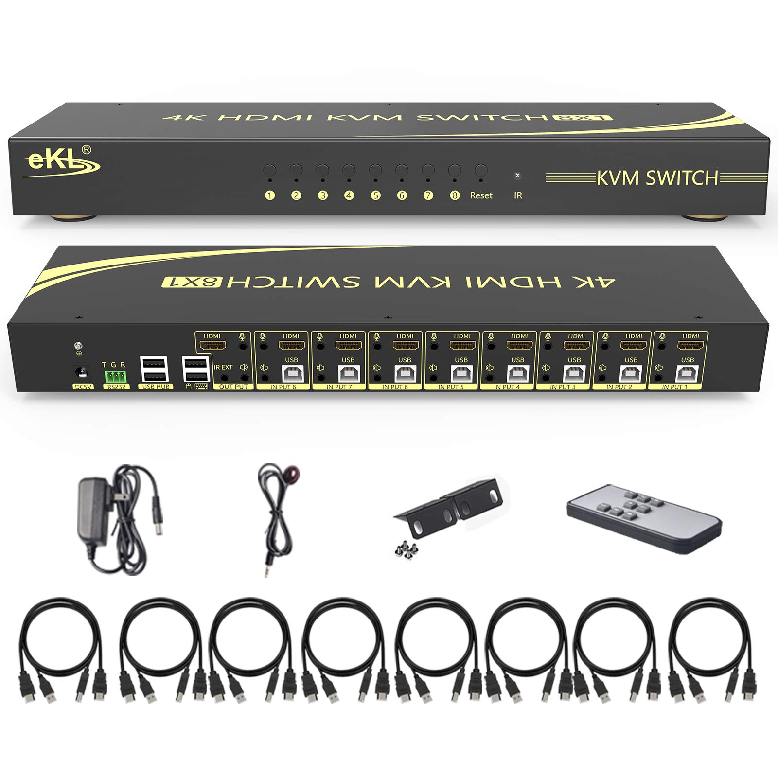 eKL KVM Switch, 8 Port v2.0 HDMI KVM Switch Supports Hotkeys Swapping 4K@60Hz 4:4:4 1080p 3D, 8 in 1 Out 8 PCs Sharing with One Set of Keyboard and Mouse