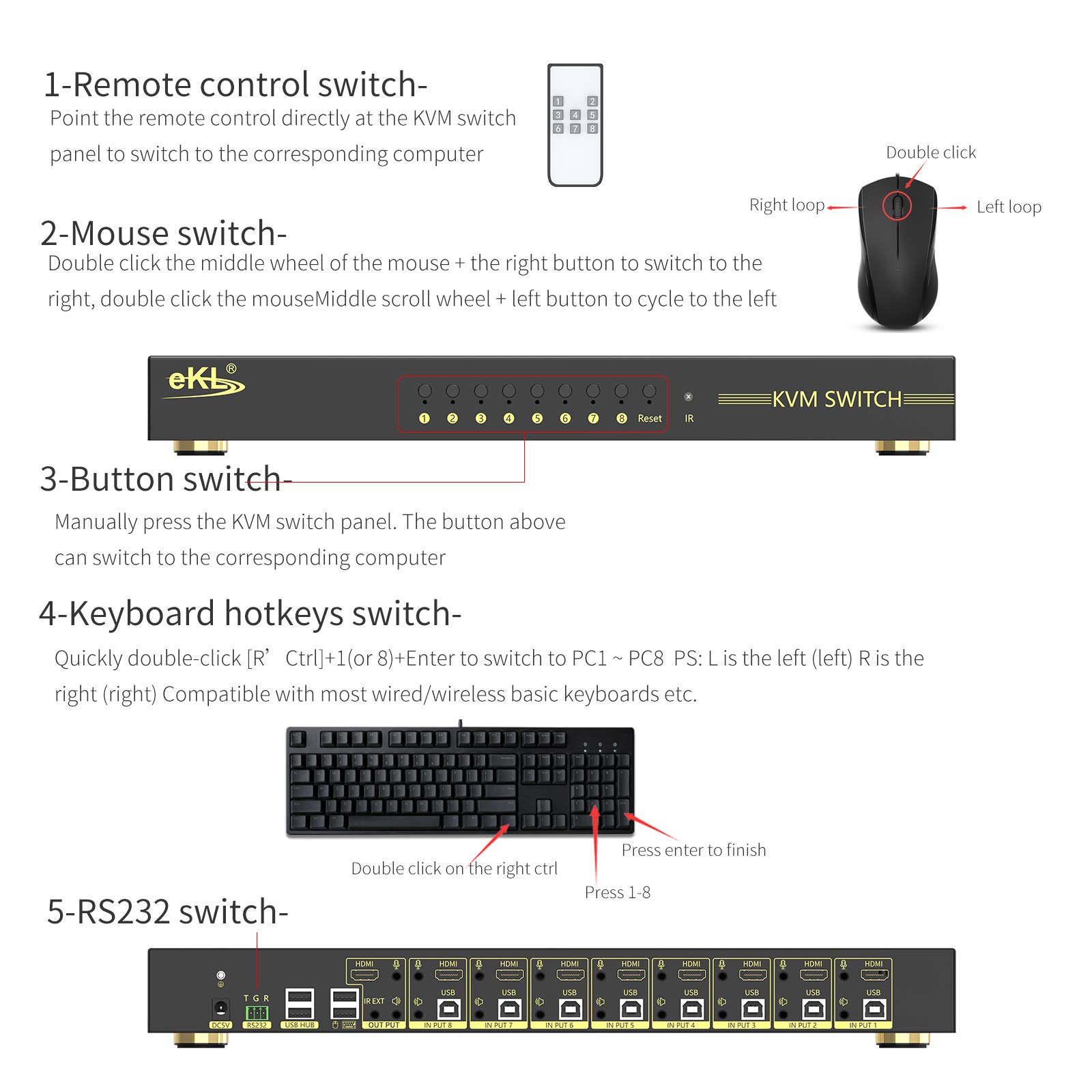 eKL KVM Switch, 8 Port v2.0 HDMI KVM Switch Supports Hotkeys Swapping 4K@60Hz 4:4:4 1080p 3D, 8 in 1 Out 8 PCs Sharing with One Set of Keyboard and Mouse