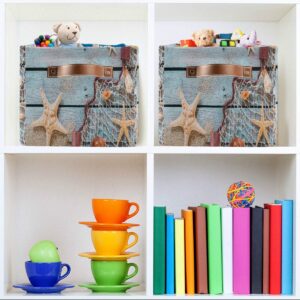 AUUXVA Summer Beach Sand Storage Basket Bin Rustic Wooden Starfish Large Fabric Toys Storage Cube Box with Handles Collapsible Closet Shelf Cloth Organizer Basket for Nursery Bedroom Bathroom