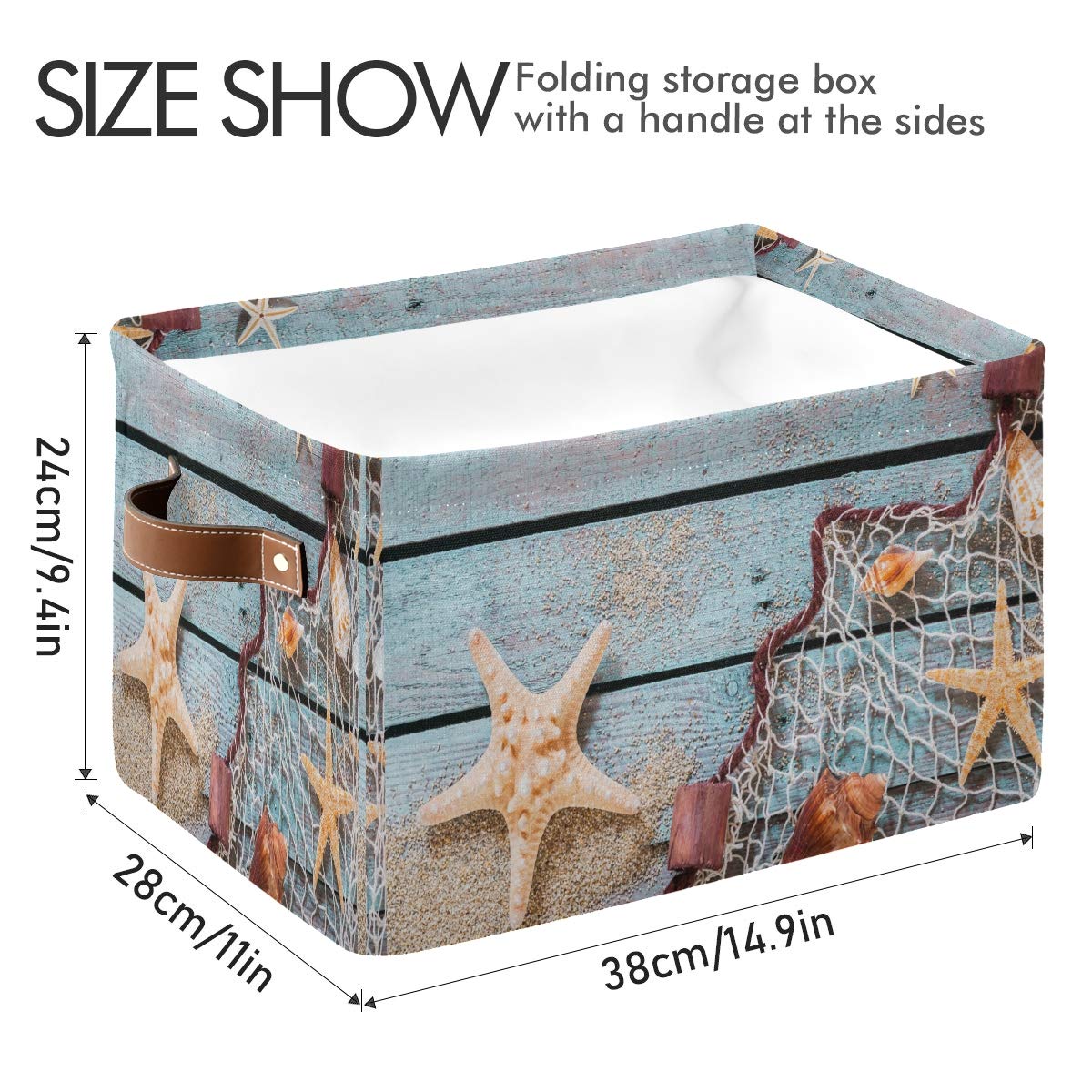 AUUXVA Summer Beach Sand Storage Basket Bin Rustic Wooden Starfish Large Fabric Toys Storage Cube Box with Handles Collapsible Closet Shelf Cloth Organizer Basket for Nursery Bedroom Bathroom