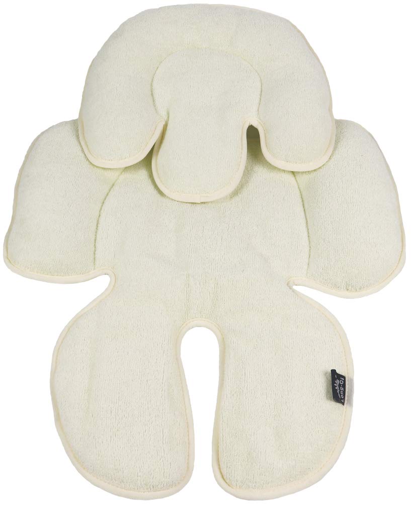 Long-Ci Baby Car Seat Pad Reversible with Head Neck Body Support for Stroller in Terry Towelling Beige