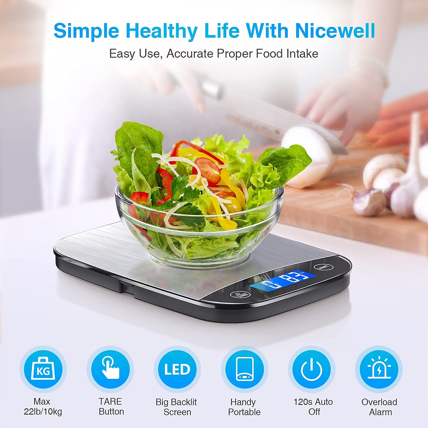 Nicewell Food Scale, 22lb Digital Kitchen Stainless Steel Scale Weight Grams and oz for Cooking Baking, 1g/0.1oz Precise Graduation,Tempered Glass