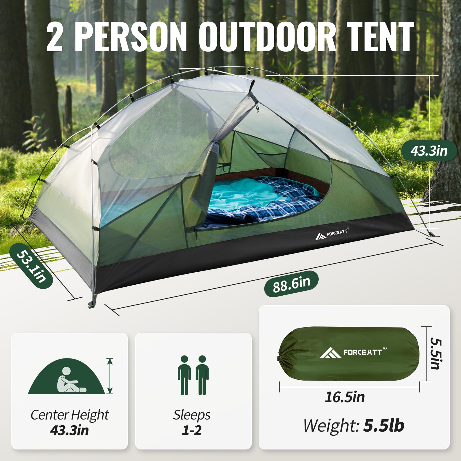 Forceatt Tent 2-3 Person Camping Tent, Waterproof and Windproof 3-4 Seasons Ultralight Backpack Tent, can be Installed Immediately, Suitable for Hiking, Camping, Outdoor (2-Person-Dark Green)