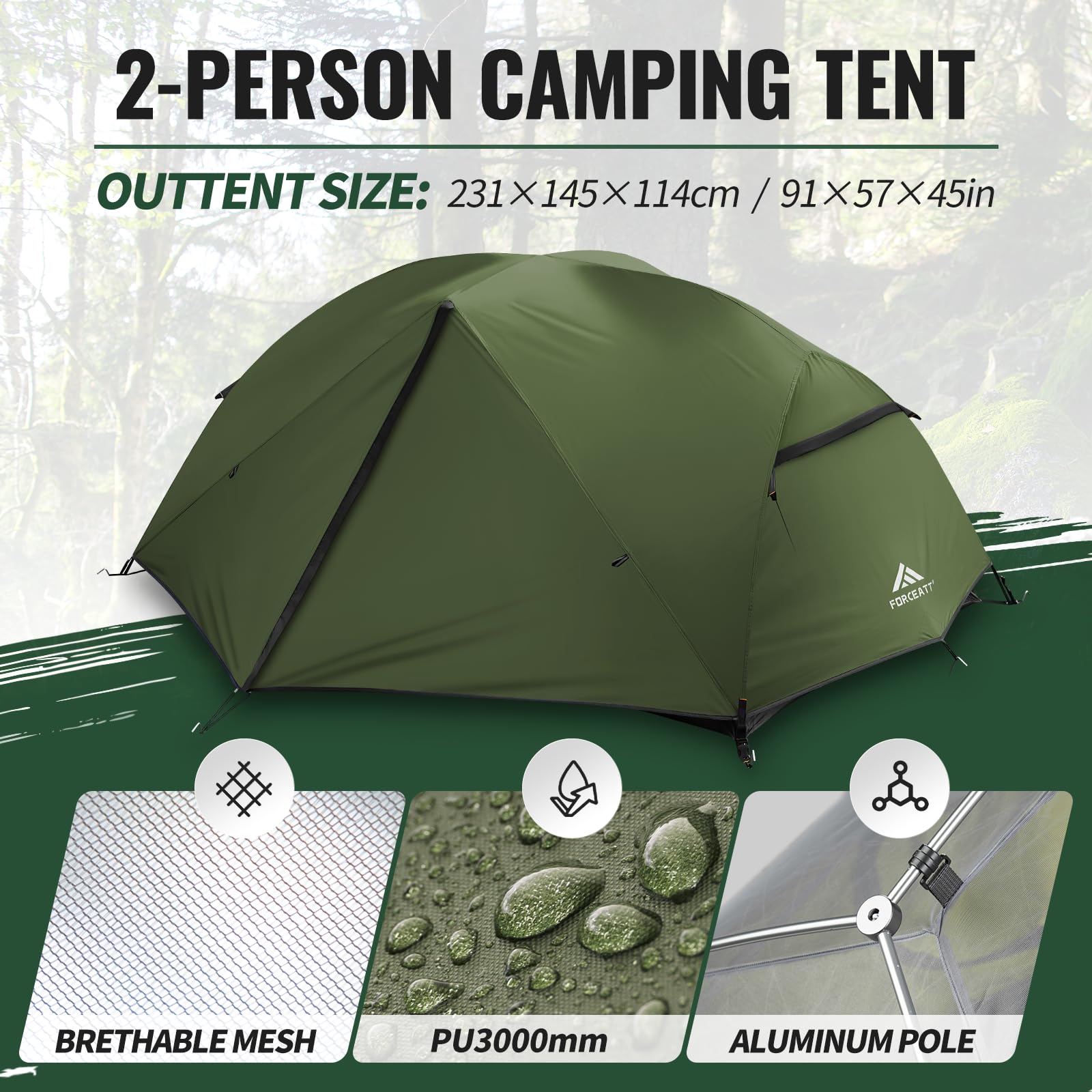 Forceatt Tent 2-3 Person Camping Tent, Waterproof and Windproof 3-4 Seasons Ultralight Backpack Tent, can be Installed Immediately, Suitable for Hiking, Camping, Outdoor (2-Person-Dark Green)