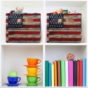 AUUXVA American Flag Patriotic Wooden Storage Basket Bin Memorial Day Large Fabric Toys Storage Cube Box with Handles Collapsible Closet Shelf Cloth Organizer Basket for Nursery Bedroom Bathroom